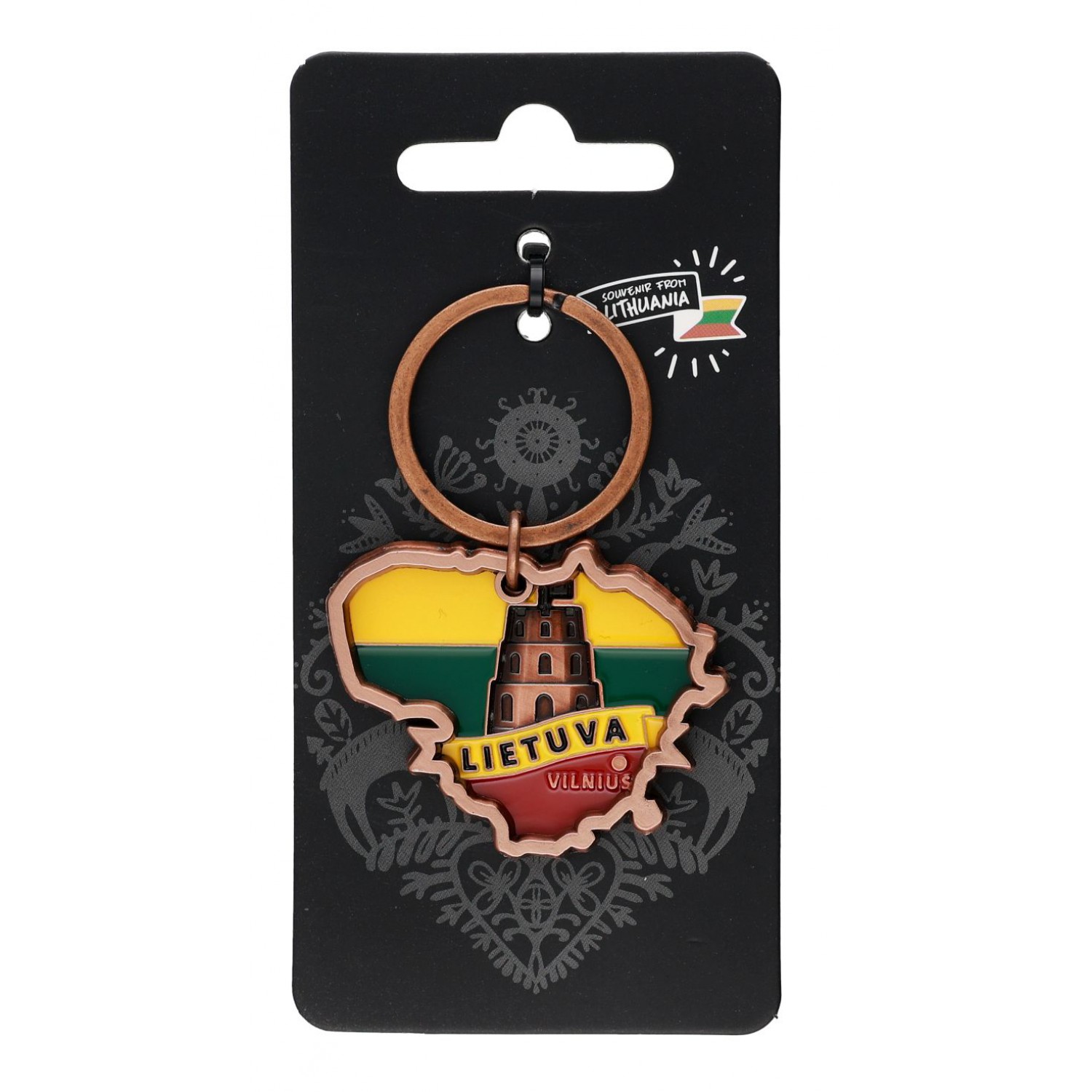 Pakabukas Lietuvos kontūras su Gedimino pilies bokštu ir trispalve