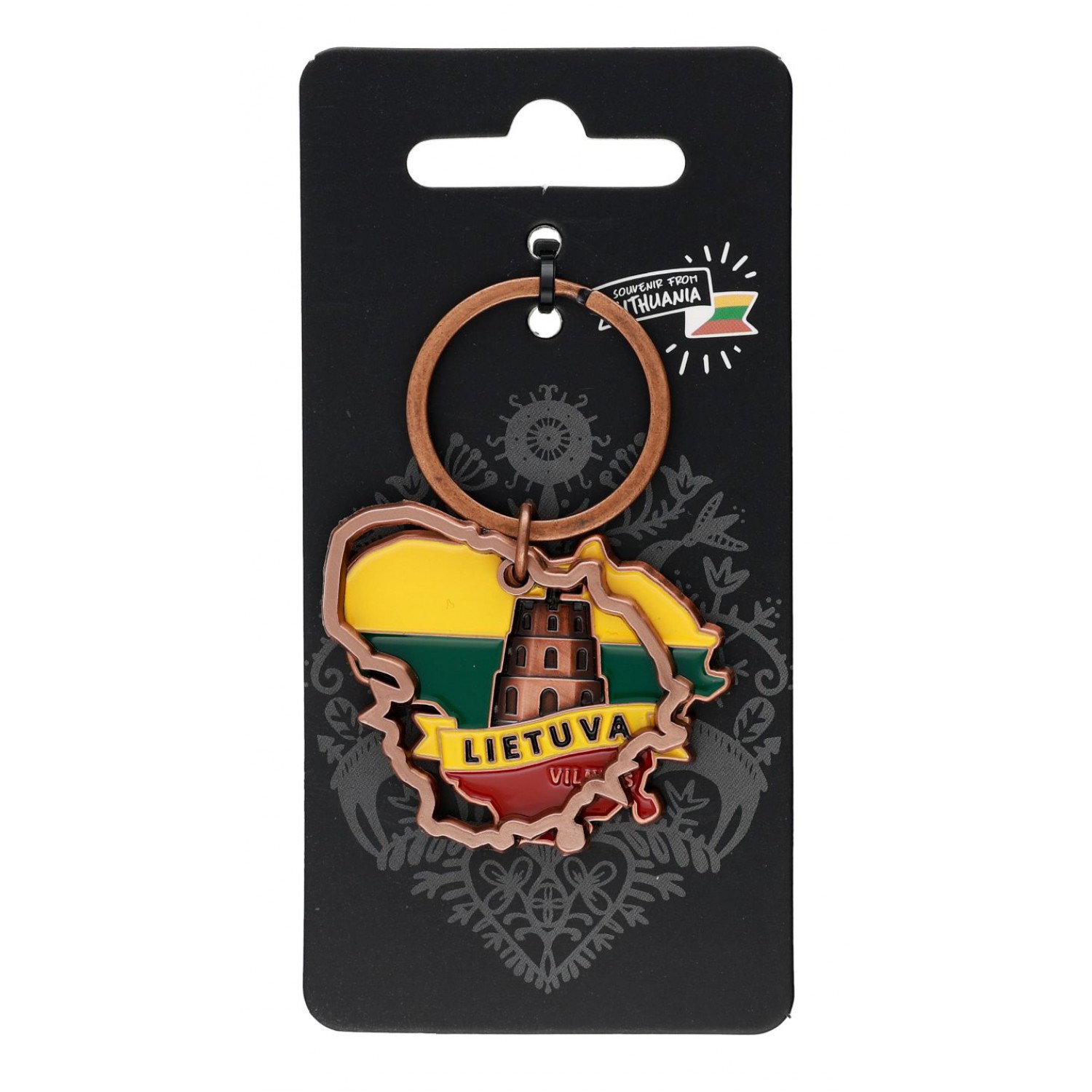 Pakabukas Lietuvos kontūras su Gedimino pilies bokštu ir trispalve